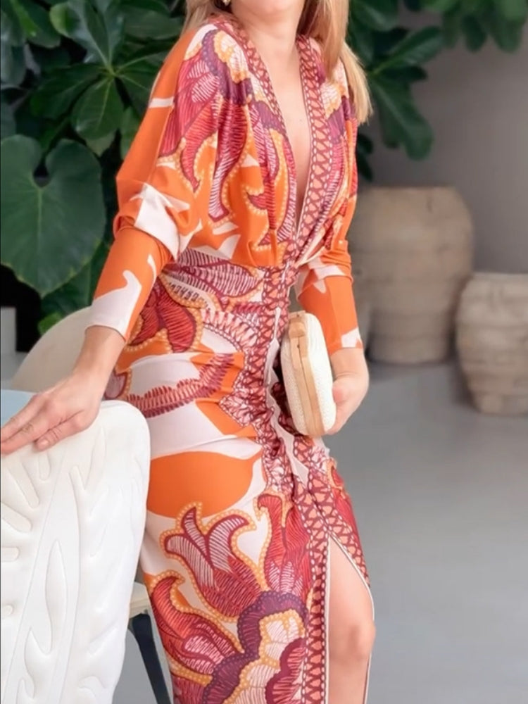 V-Neck Slit Print Dress – Boiilife