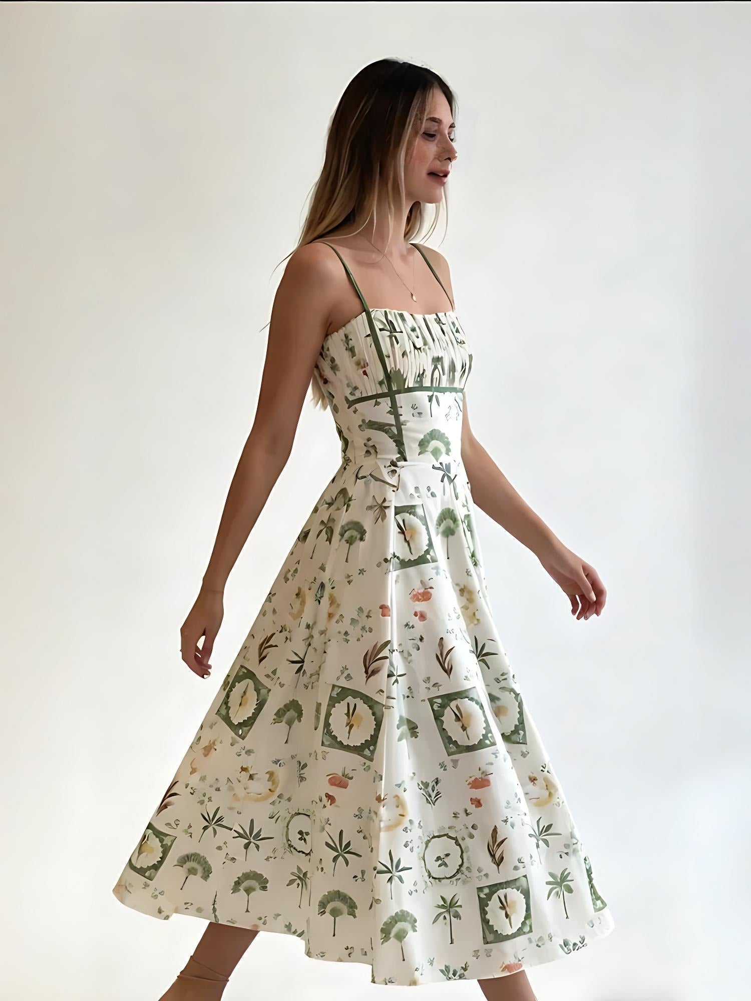 Green Botanical Print Smocked Midi Dress – Boiilife