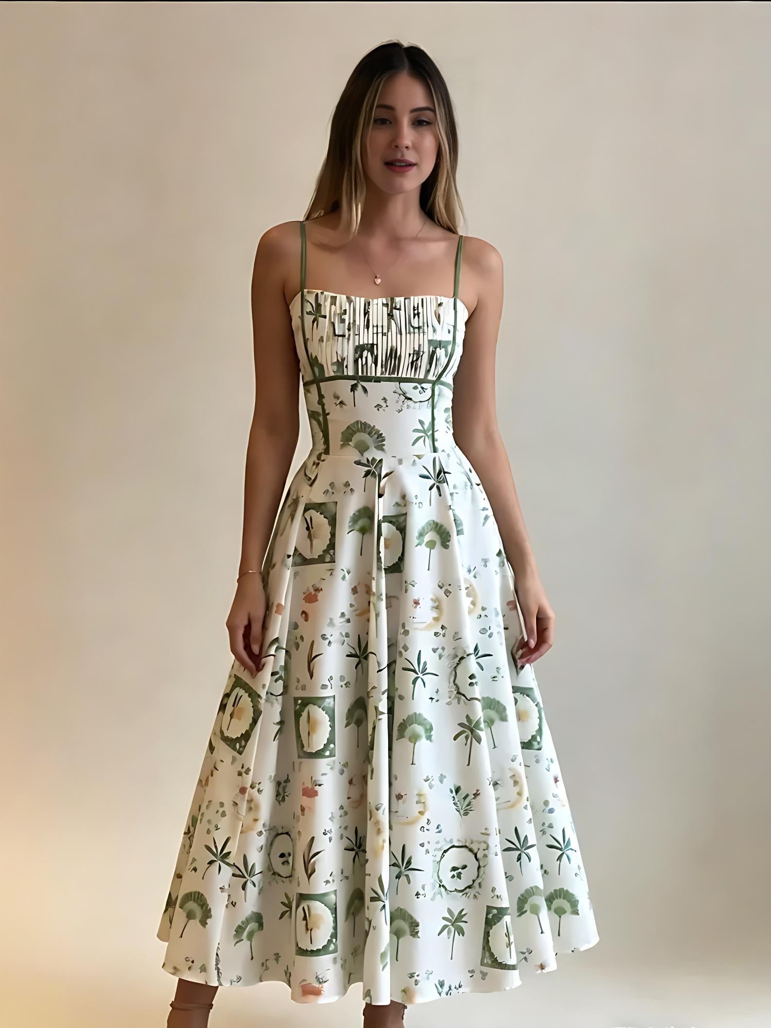 Green Botanical Print Smocked Midi Dress – Boiilife