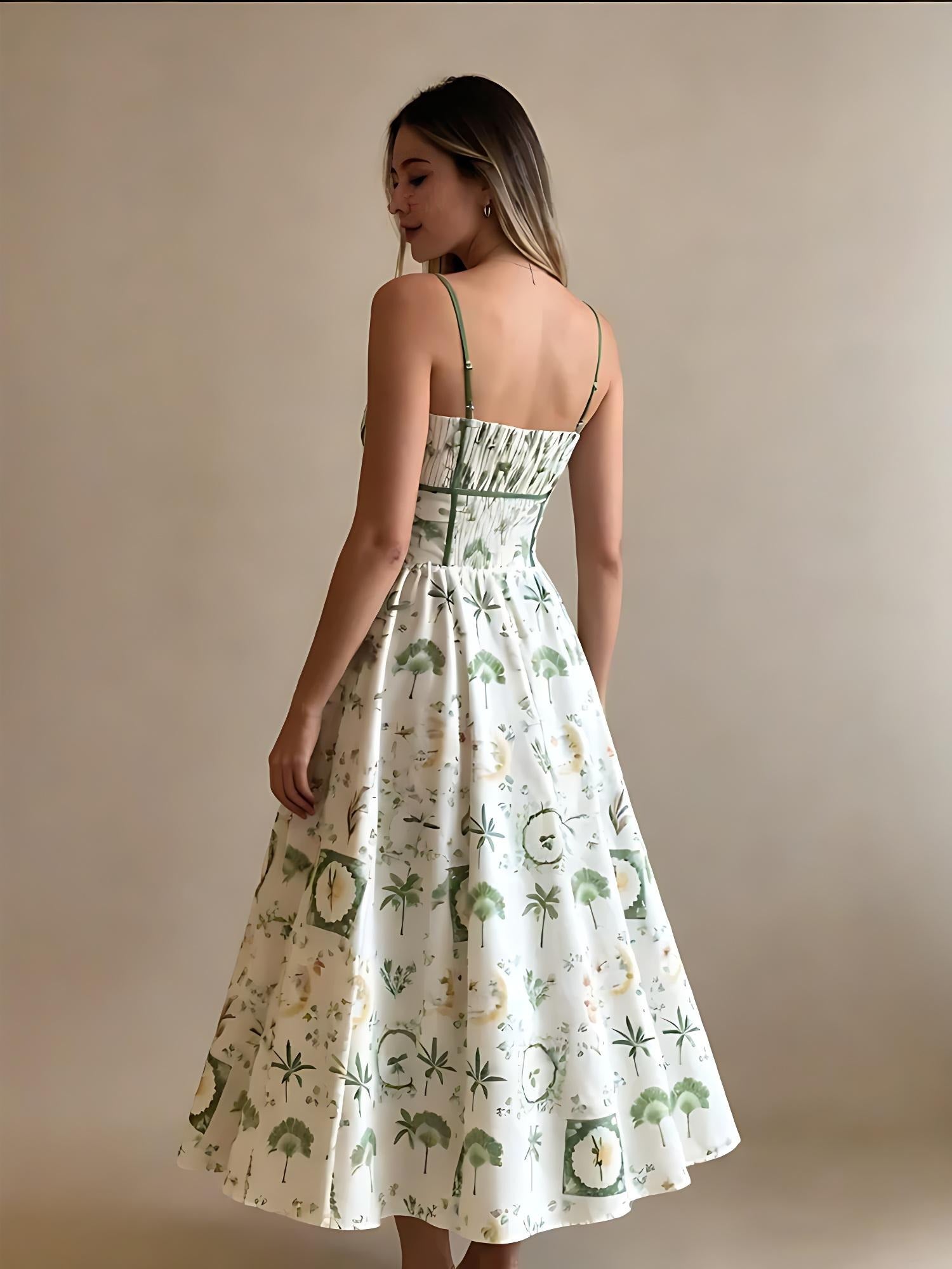 Green Botanical Print Smocked Midi Dress – Boiilife