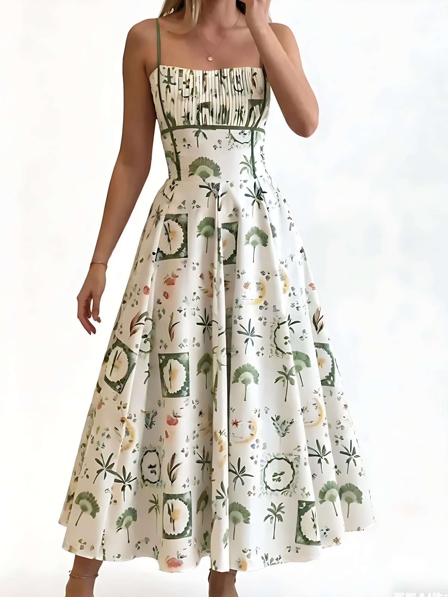 Green Botanical Print Smocked Midi Dress – Boiilife