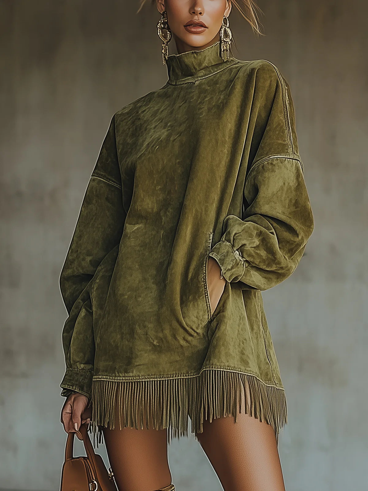 Faux Suede Turtleneck Dress With Fringe Hem – Boiilife